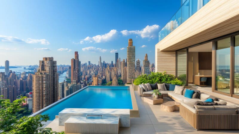 Rooftop Infinity Pool with City Skyline Views and Luxury Lounge Area ...