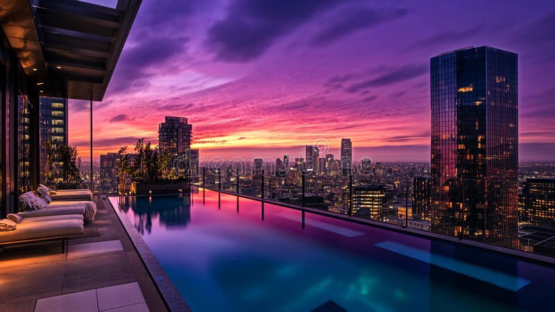 Rooftop Infinity Pool with City Skyline Views Under a Dramatic Sunset ...
