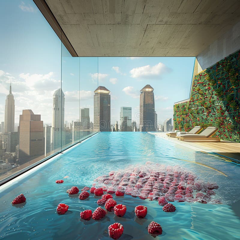 Rooftop Infinity Pool with City View and Raspberries Stock Photo ...