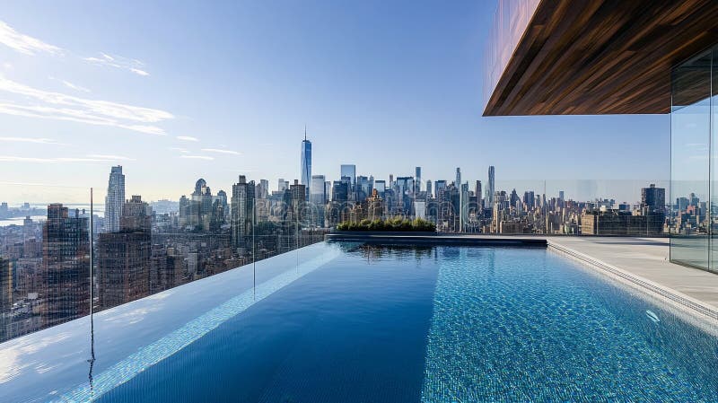 A Rooftop Infinity Pool with a Clean Glass Barrier and City Skyline in ...