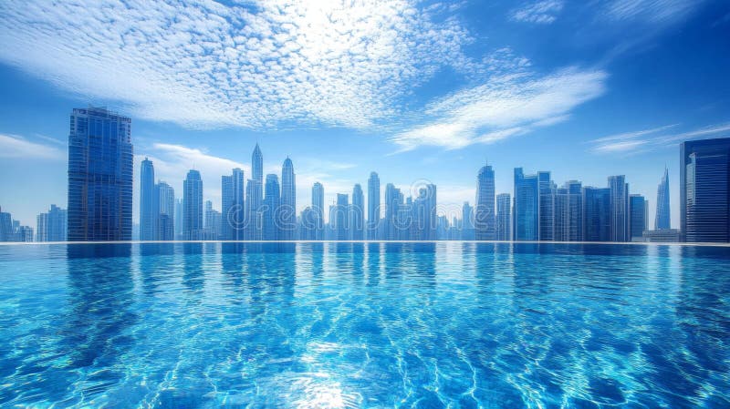 Rooftop Infinity Pool Overlooking a City Skyline Stock Illustration ...