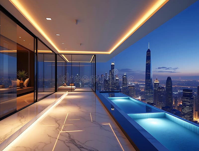 Rooftop Infinity Pool Overlooking City Skyline at Dusk Stock ...