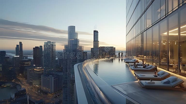 Rooftop Infinity Pool Overlooking City Skyline at Sunset Stock Photo ...