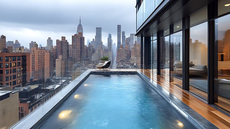 Rooftop Infinity Pool Overlooking Manhattan Skyline Stock Illustration ...