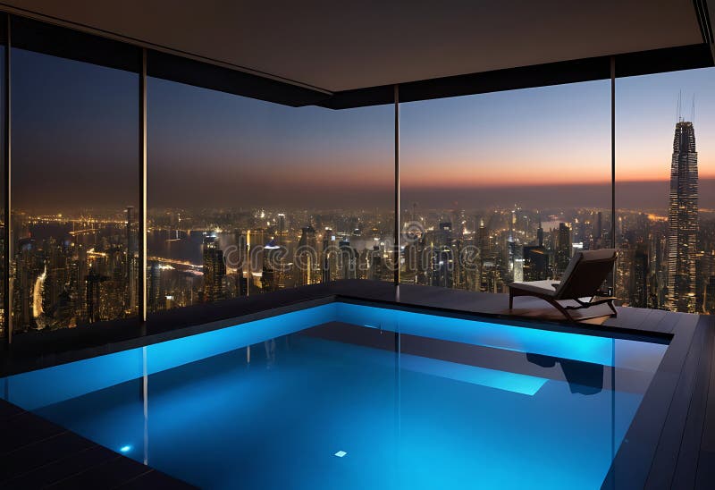 Rooftop Infinity Pool with Panoramic City View at Dusk. Generative Ai ...