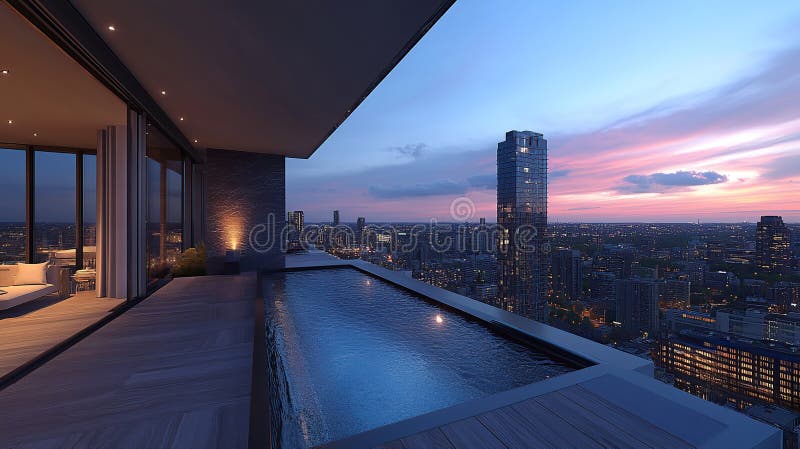 Rooftop Infinity Pool Penthouse, Dusk City View Stock Illustration ...
