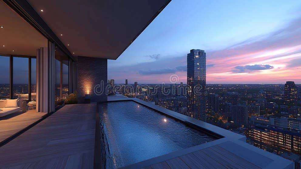 Rooftop Infinity Pool Penthouse, Dusk City View Stock Illustration ...