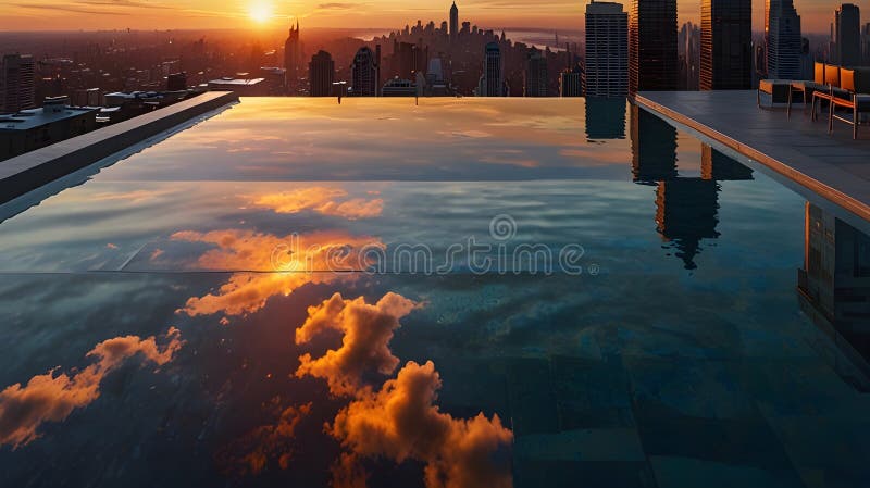 A Rooftop Infinity Pool Reflecting the Cityscape and Sunset in Perfect ...
