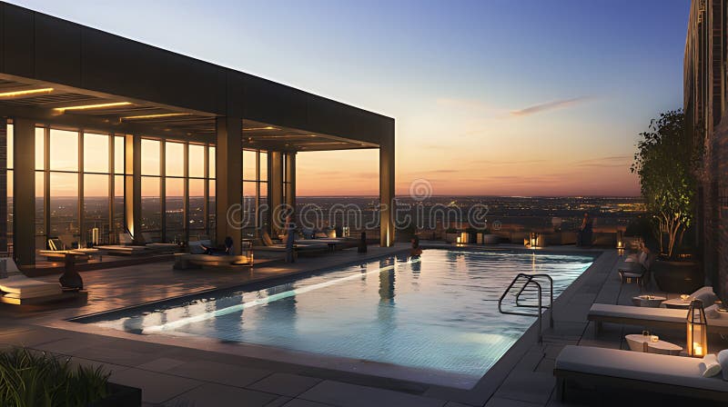 Rooftop Infinity Pool at Sunset with City Views Stock Image - Image of ...