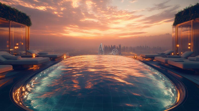 Rooftop Infinity Pool at Sunset with Stunning Skyline View Stock Image ...