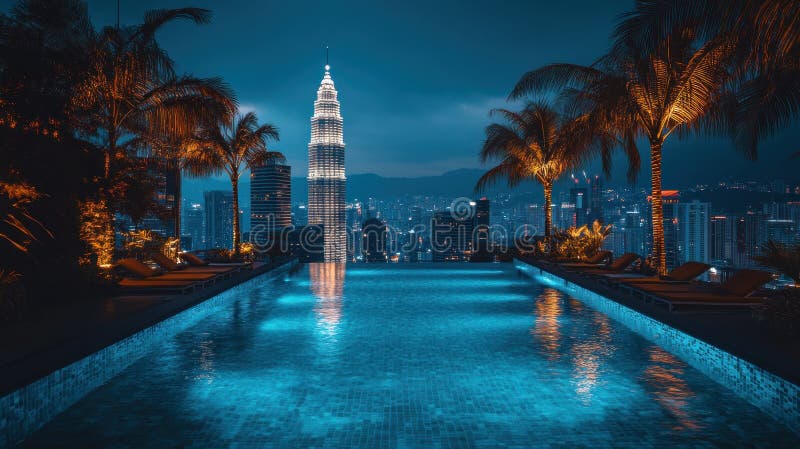 Rooftop Infinity Pool at Twilight, with City Skyline View. Relaxing ...