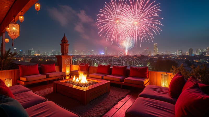Relaxing Rooftop Lounge Setting with Fire Pit and Fireworks Display ...