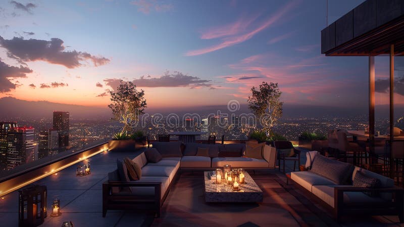 Rooftop Lounge Featuring Cozy Seating with Panoramic City Views Stock ...