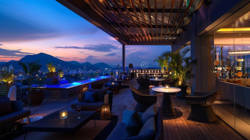 Rooftop Lounge Offers Panoramic Views Stock Illustration - Illustration ...