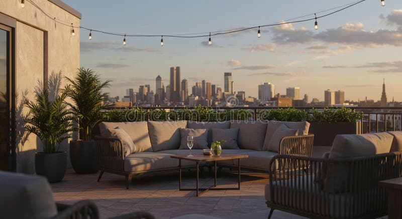Rooftop Lounge at Sunset with City Skyline View Stock Illustration ...