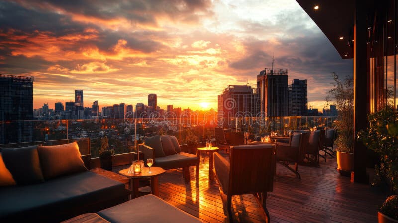 Rooftop Lounge with Sunset Cityscape and Cozy Seating Stock ...