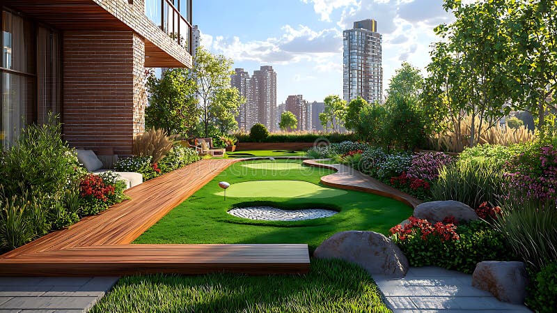 Rooftop Mini Golf Course Surrounded by Greenery and City Skyline Stock ...