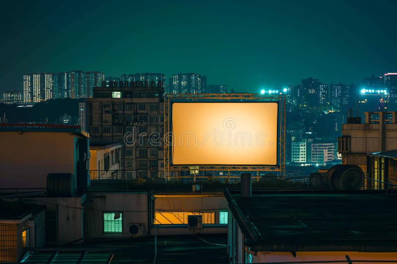 Rooftop Movie Night with Projector Screen and City Lights Behind Stock ...