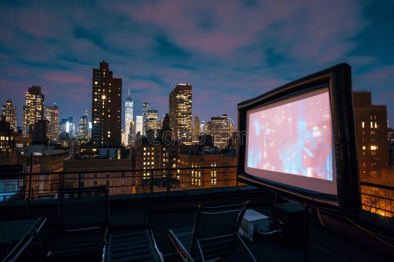 Rooftop Movie Night with Projector Screen and City Lights Behind Stock ...