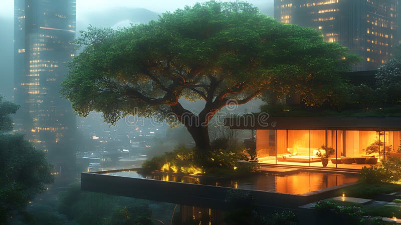 Rooftop Oasis Modern Home, City Night, Tree, Pool, Fog Stock ...