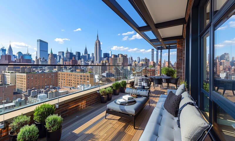 Rooftop Patio with Couches and Chairs Overlooking the City Skyline ...