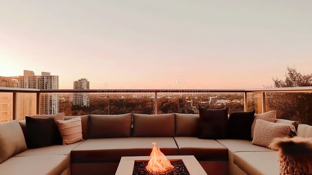 Rooftop Patio with Modern Fire Pit and Cityscape at Sunset Stock Photo ...