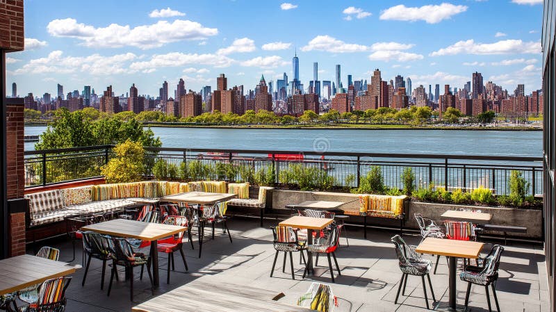 Rooftop Patio NYC Skyline View, Summer Dining Stock Illustration ...
