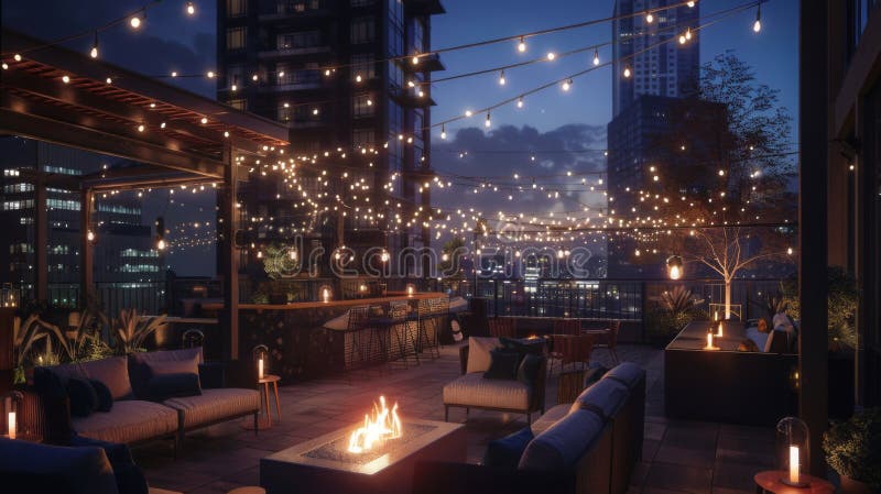 Rooftop Patio with String Lights and Fire Pit Stock Photo - Image of ...