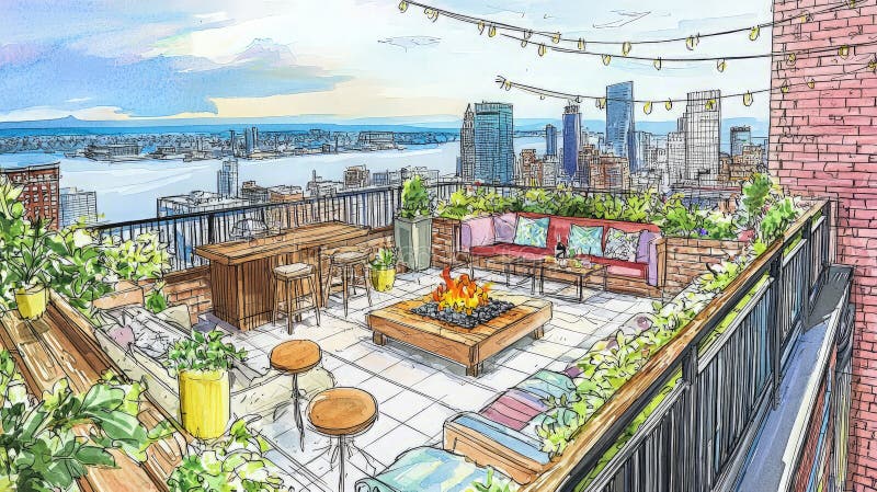 Rooftop Patio Sunset City View Lounge Stock Image - Image of cityscape ...