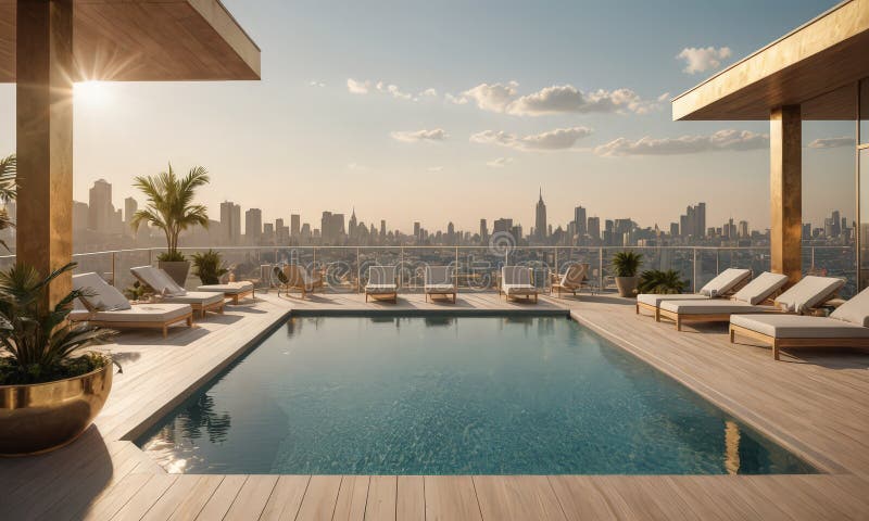 Rooftop Pool Area with Rectangular Pool, White Lounge Chairs, and City ...