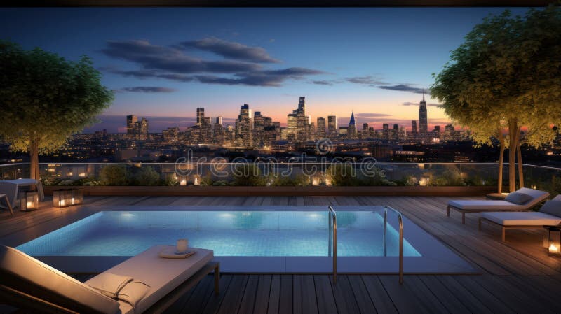 Rooftop Pool with Background of City Landscape in Night Stock ...