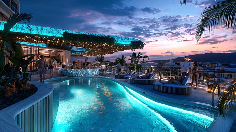 Rooftop Pool Bar at Sunset with People Relaxing and Enjoying Drinks ...
