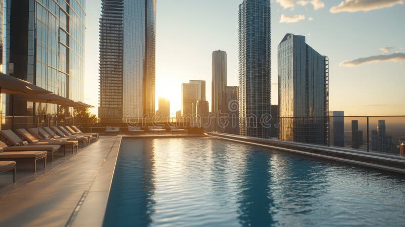Rooftop Pool and City Skyline at Sunset Stock Image - Image of ...