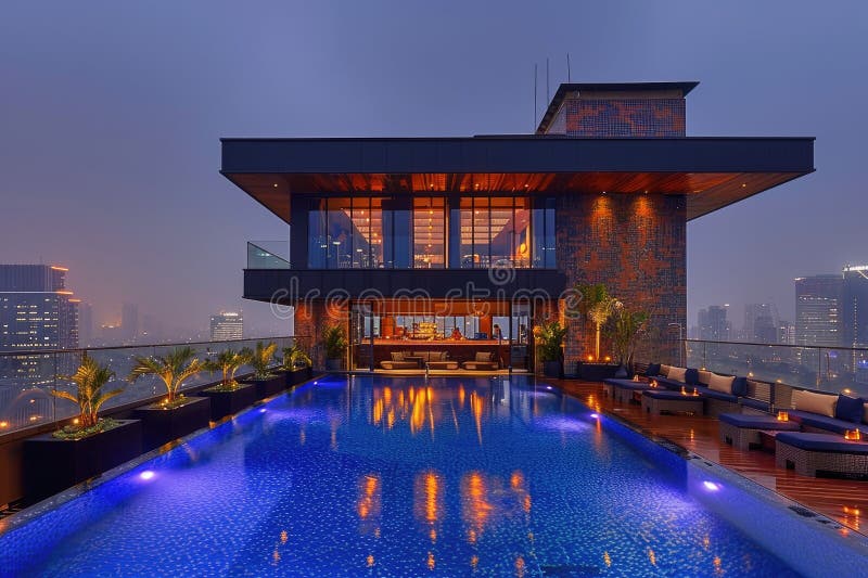 Luxury Rooftop Infinity Pool and Bar with City View at Twilight Stock ...
