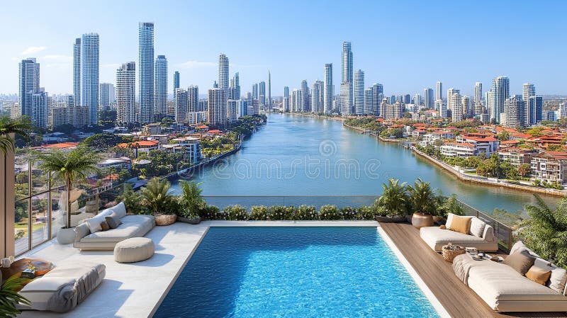 Rooftop Pool with City Views Stock Illustration - Illustration of ...