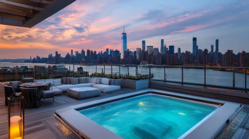 Rooftop Pool with Cityscape View at Sunset Stock Illustration ...