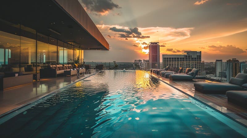 Rooftop Pool Features Infinity Edge with City Skyline Background and ...