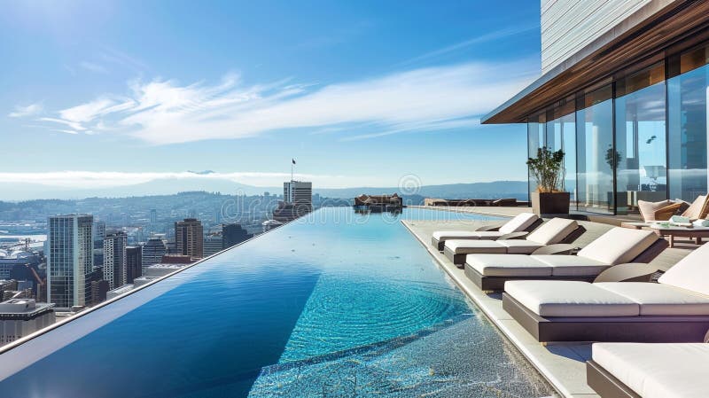 Rooftop Pool Features Infinity Edge with City Skyline and Luxurious ...