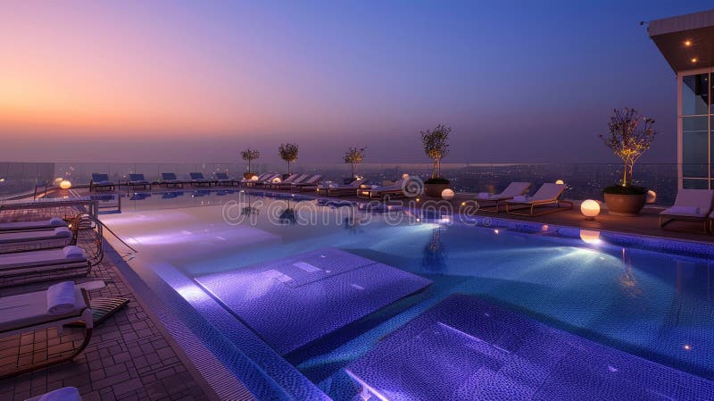 Rooftop Pool Featuring Loungers and Ambient Lighting with Stunning ...