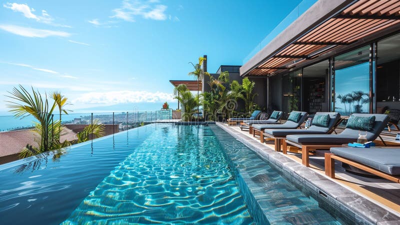 Rooftop Pool Featuring Stylish Loungers with Panoramic Views Stock ...