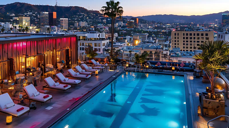 Rooftop Pool and Lounge with City View at Sunset Stock Photo - Image of ...