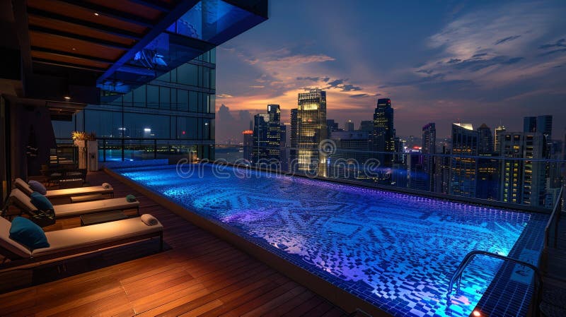 Rooftop Pool with Loungers and Ambient Lighting Overlooking City Views ...