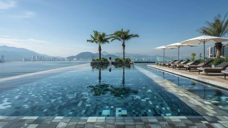 Rooftop Pool Offers Panoramic Views in Hotel Setting Stock Illustration ...