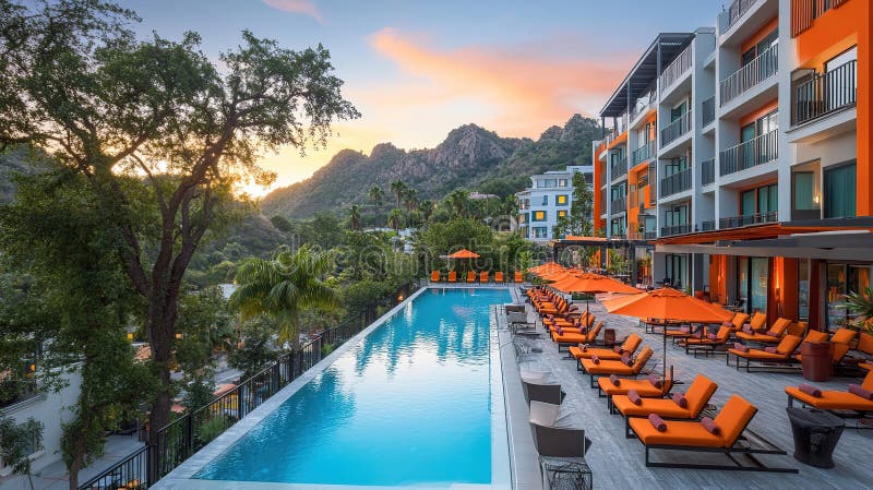 Rooftop Pool Overlooking Mountains at Sunset in Resort Stock ...