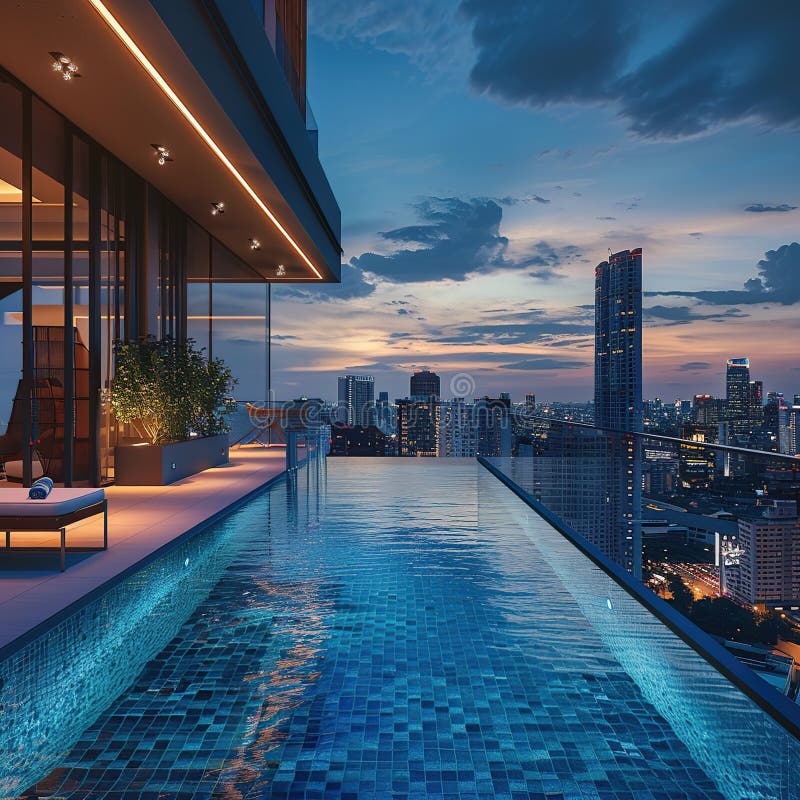 Rooftop Pool with a Panoramic Cityscape View Stock Illustration ...