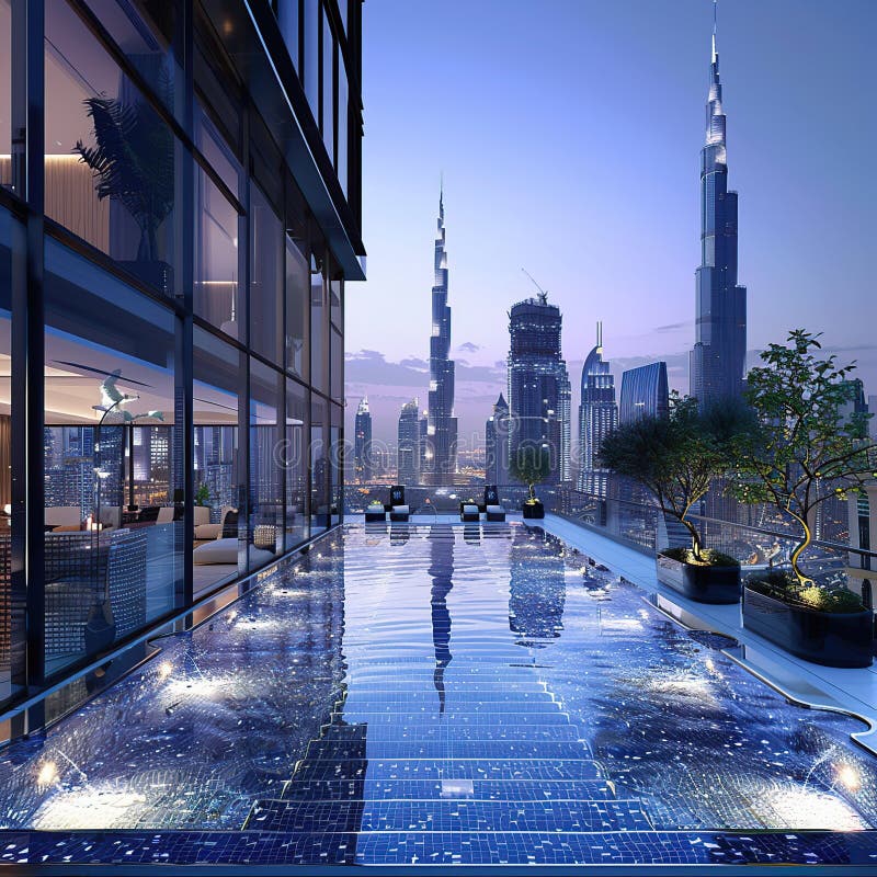 Rooftop Pool with a Panoramic Cityscape View Stock Illustration ...