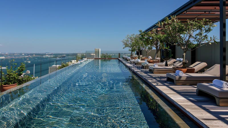 Rooftop Pool Showcases Panoramic Views with Stylish Loungers Stock ...
