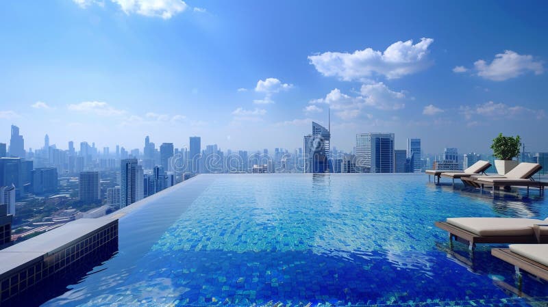 Rooftop Pool Showcasing City Skyline with Comfortable Loungers Stock ...