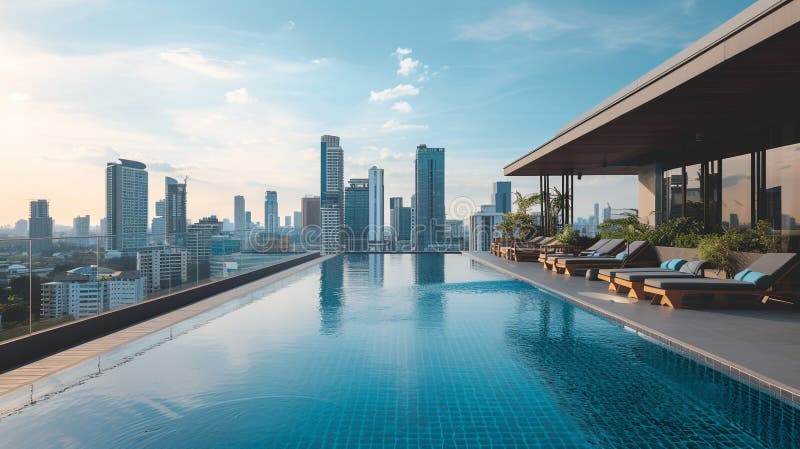 Rooftop Pool Showcasing Infinity Edge with City Skyline and Loungers ...