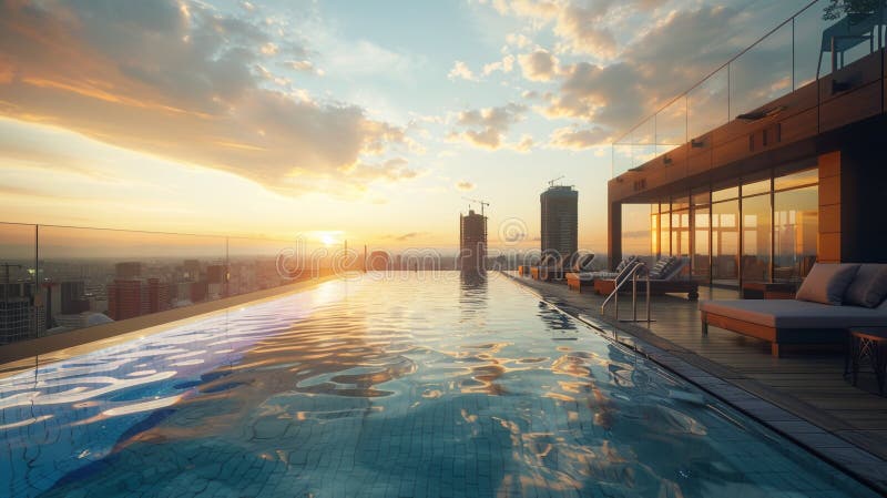 Rooftop Pool Showcasing Panoramic City Views with Chic Seating and ...